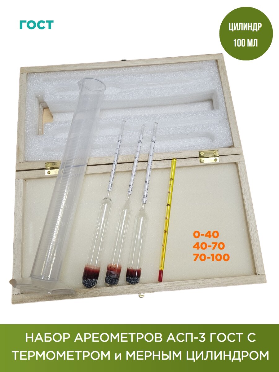 Набор ареометров АСП-3 с термометром и полипропиленовым мерным цилиндром в деревянном футляре