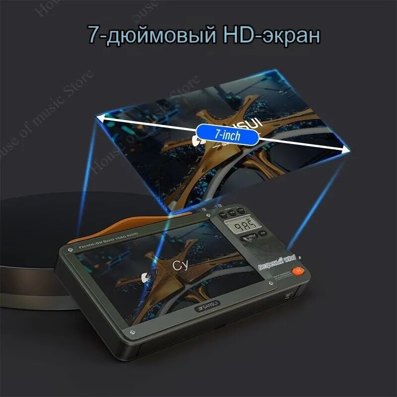 Настольные часы Sansui, 7-дюймовый экран, Бирюзовый, радиоприемник FM/AM/SW/MW/ДВ/КВ/УКВ, Bluetooth 5.3 — фото 1