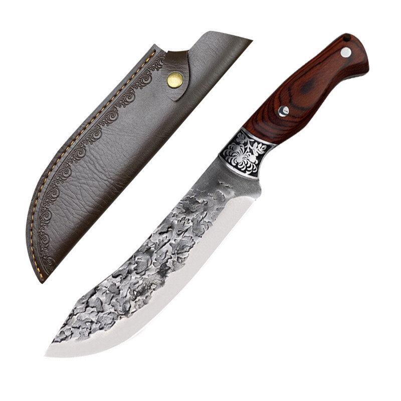 Кованый стальной нож для разделки мяса с гравировкой, бытовой тесак из нержавеющей стали, нож для забоя свинины, говядины и баранины.