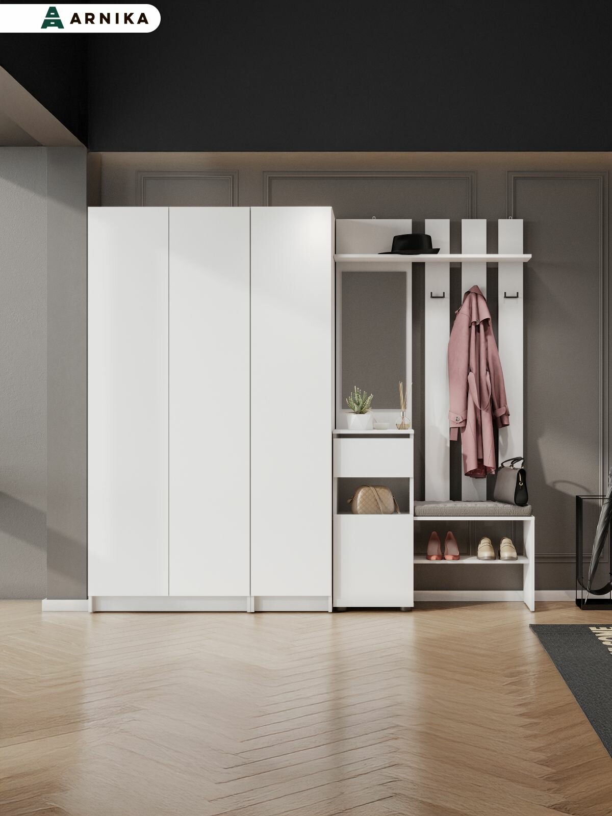 Прихожая ARNIKA Бали, ЛДСП, зеркало, вешалка, распашные дверцы, белая