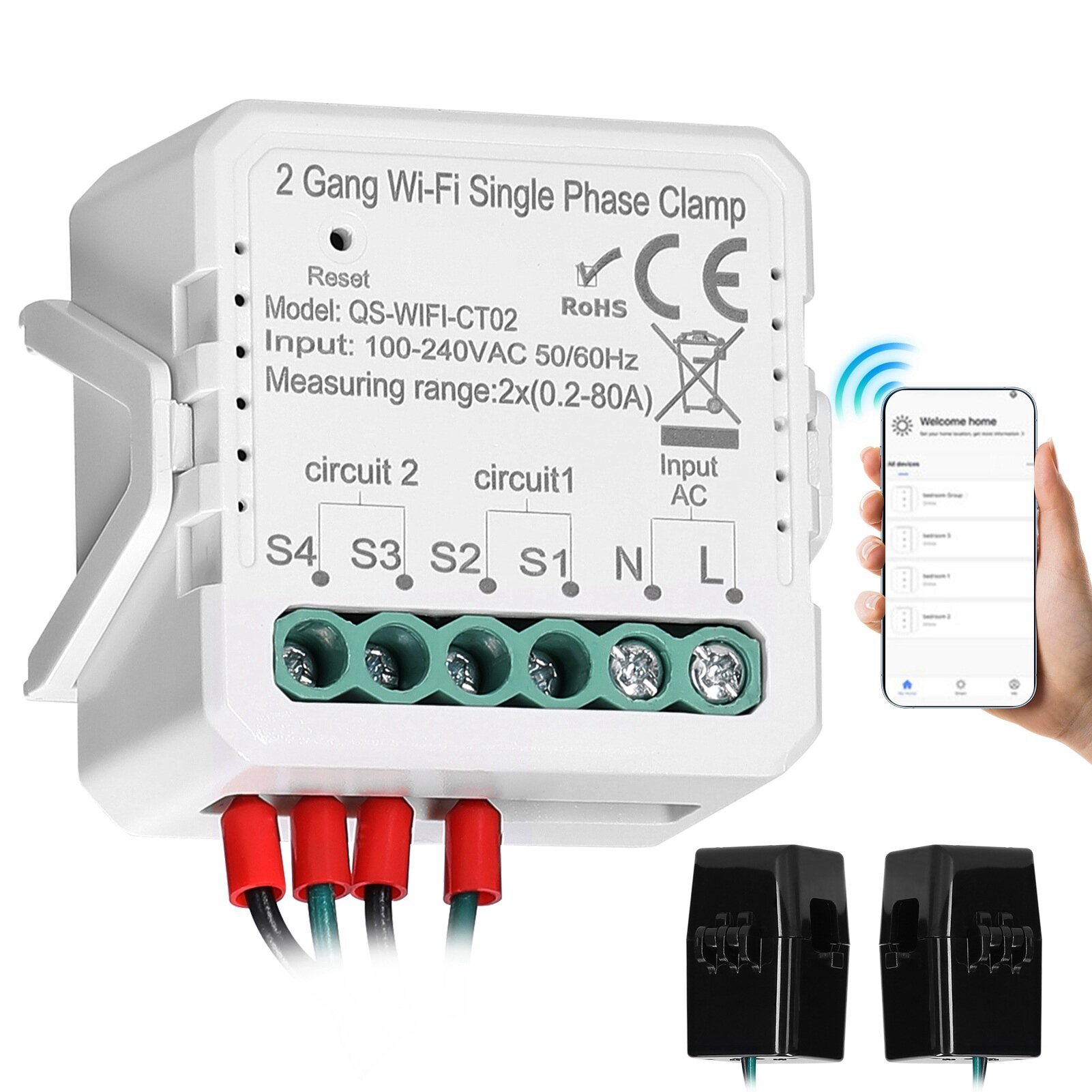 Tuya WiFi 2 Банды 80A Однофазный Зажим Солнечный Фотоэлектрический Двунаправленный Двухсторонний Счетчик Энергии Мобильный Телефон Приложение Управление Трансформатором Тока Расписание Таймер Устройство Домашней Автоматизации