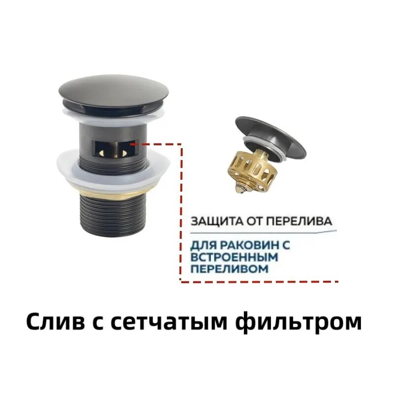 Выпуск для раковины универсальный Донный клапан с переливом Robern, высококачественная латунь, сеткой быстрой очисткой, Серый металл