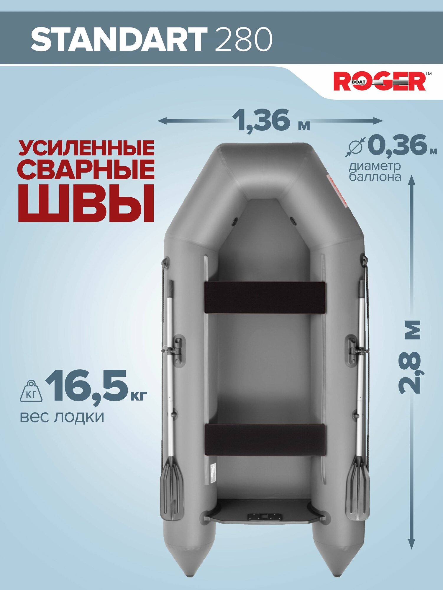 Лодка надувная для рыбалки ПВХ под мотор ROGER Standart 280, с транцем (серый)