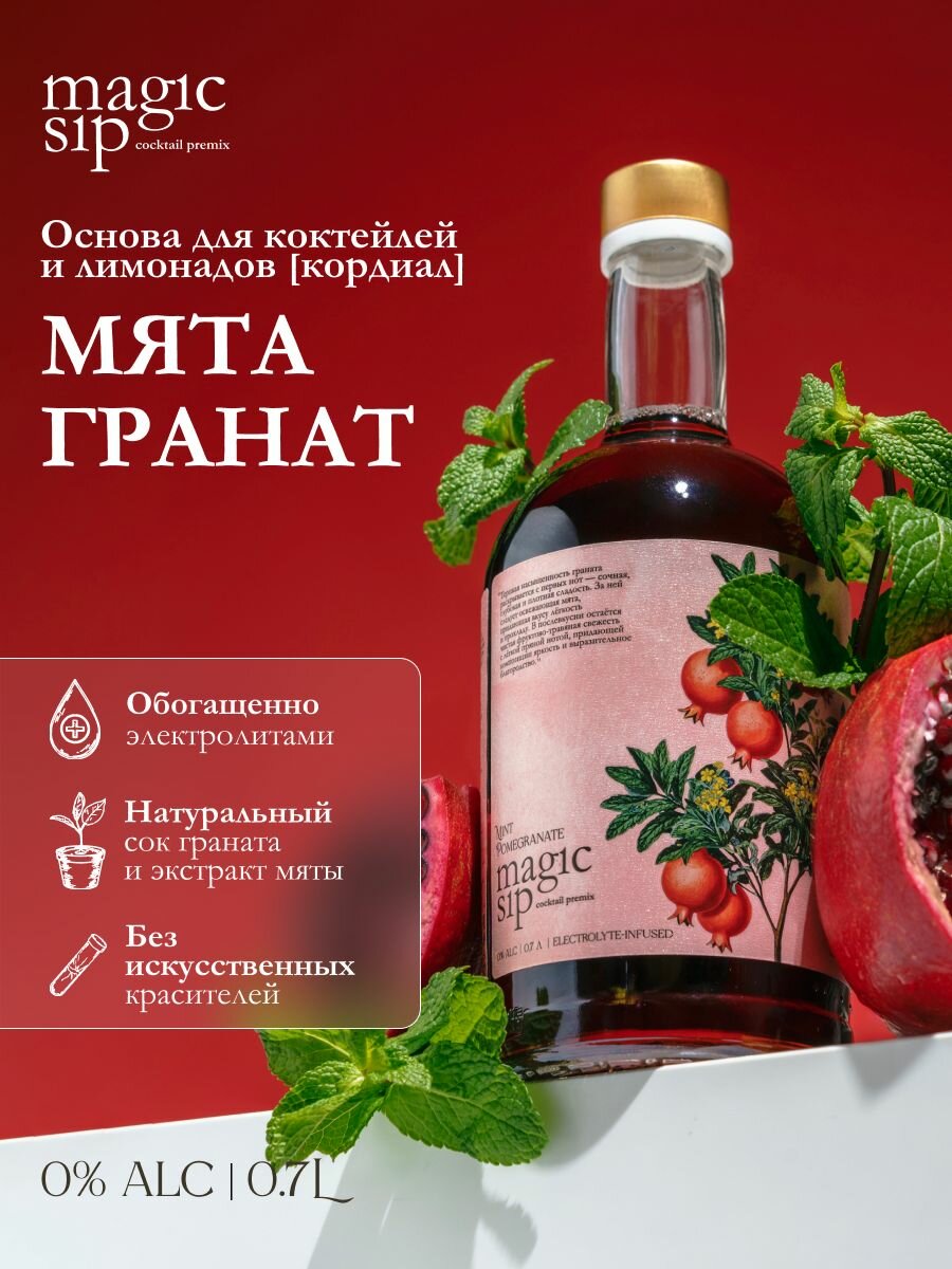 Сироп для коктейлей мята-гранат, кордиал, основа для коктейлей, лимонадов, чая, 700 мл