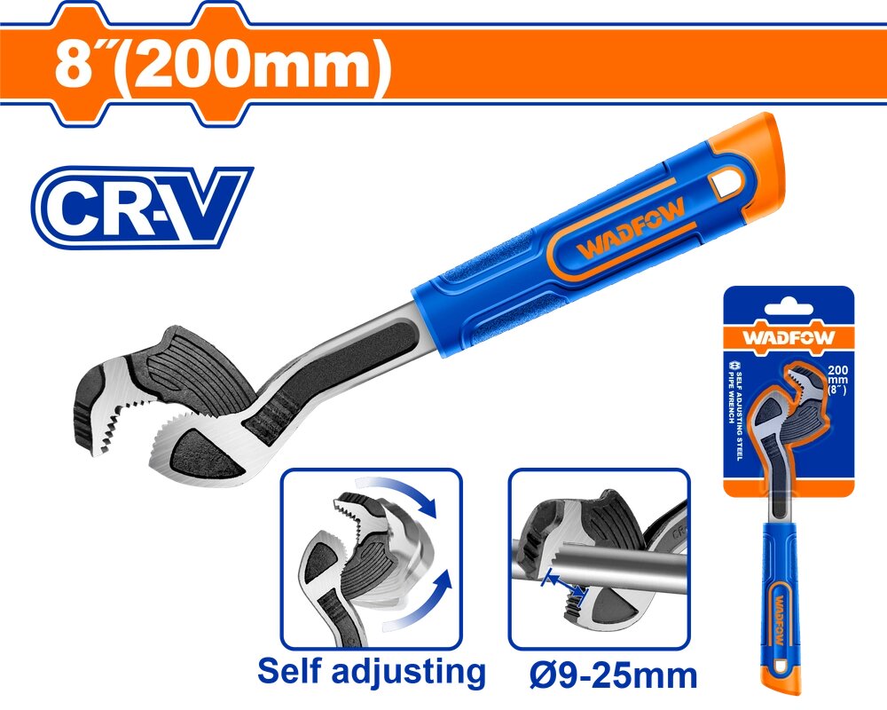 Ключ трубный самозажимной "WADFOW" 8"-200мм, диаметр трубы 9-25мм, Cr-V