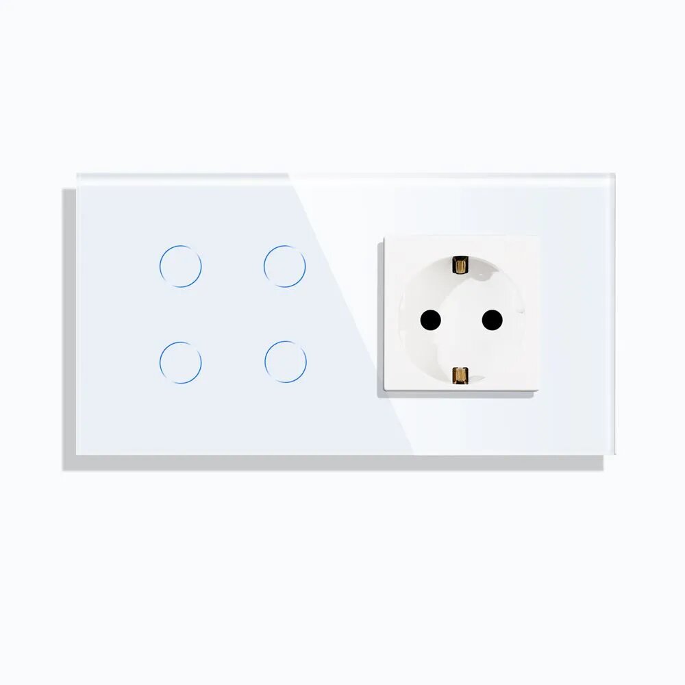 Сенсорный выключатель с розеткой 4 клавиша 1 розетка, 2 поста (4+1) панель стекло белый