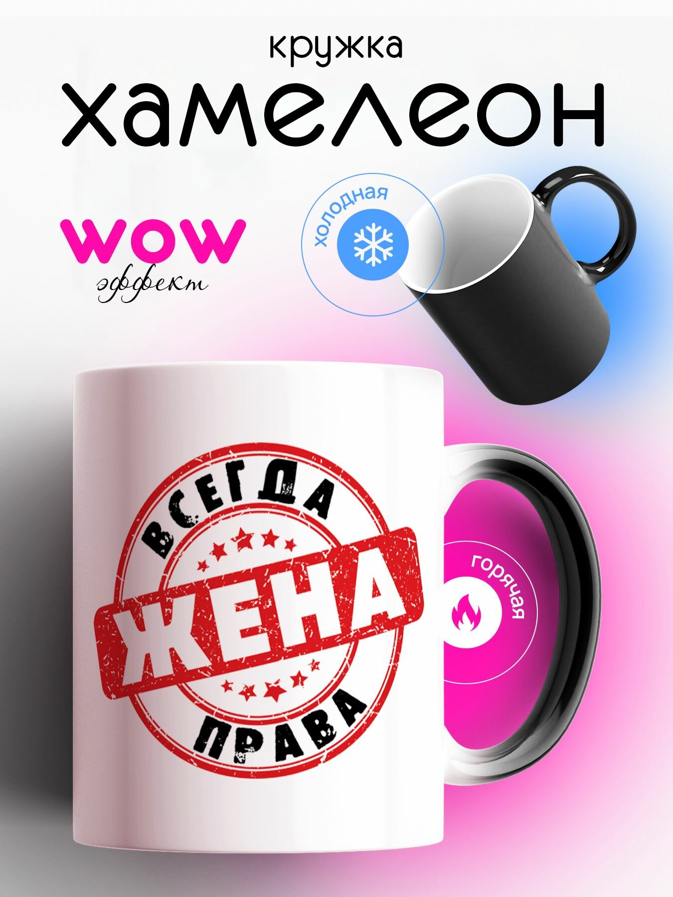 Кружка хамелеон для чая и кофе подарок с приколом, принтом и надписью "Жена всегда права"