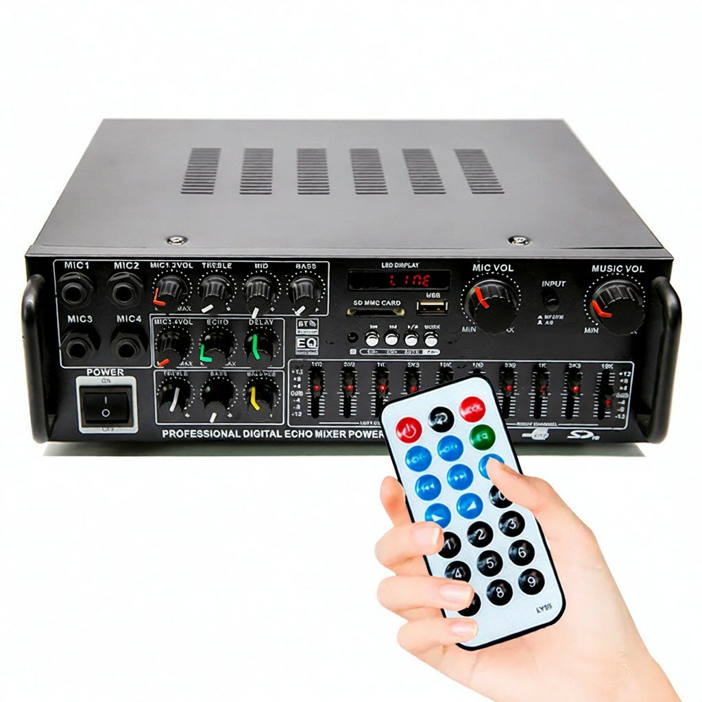 Амплификатор для автомобильного и домашнего кинотеатра Car Home Theater Stereo Power Amplifier 2-канальный с приемником BT, EQ Equalizer, FM радио, 4 джеками для микрофонов, входами USB/карты памяти/, черный цвет, материал железо, входное напряжение