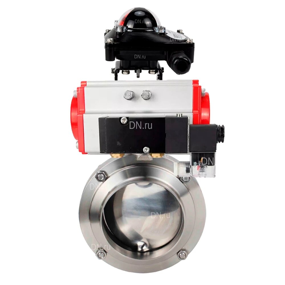Затвор дисковый поворотный DN.ru 304-304-Sil-2W-W-H Ду100 Ру10 пищевая нержавеющая сталь 304, уплотнение - Silicon, с пневмоприводом DN. ru DA-065, пневмораспределителем DN. ru PND2-S1EM-52-1NC-J08-220VAC и БКВ DN. ru LSB-210-02NM12-220/24