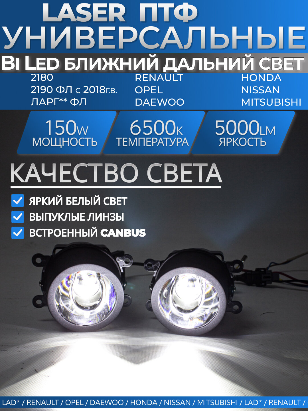 Противотуманные фары ПТФ светодиодные линзы ZMB 150W для 2180/2190 FL/Ларг** FL/Рено/Ниссан/Хонда/Мицубиси/Опель, 2 шт.