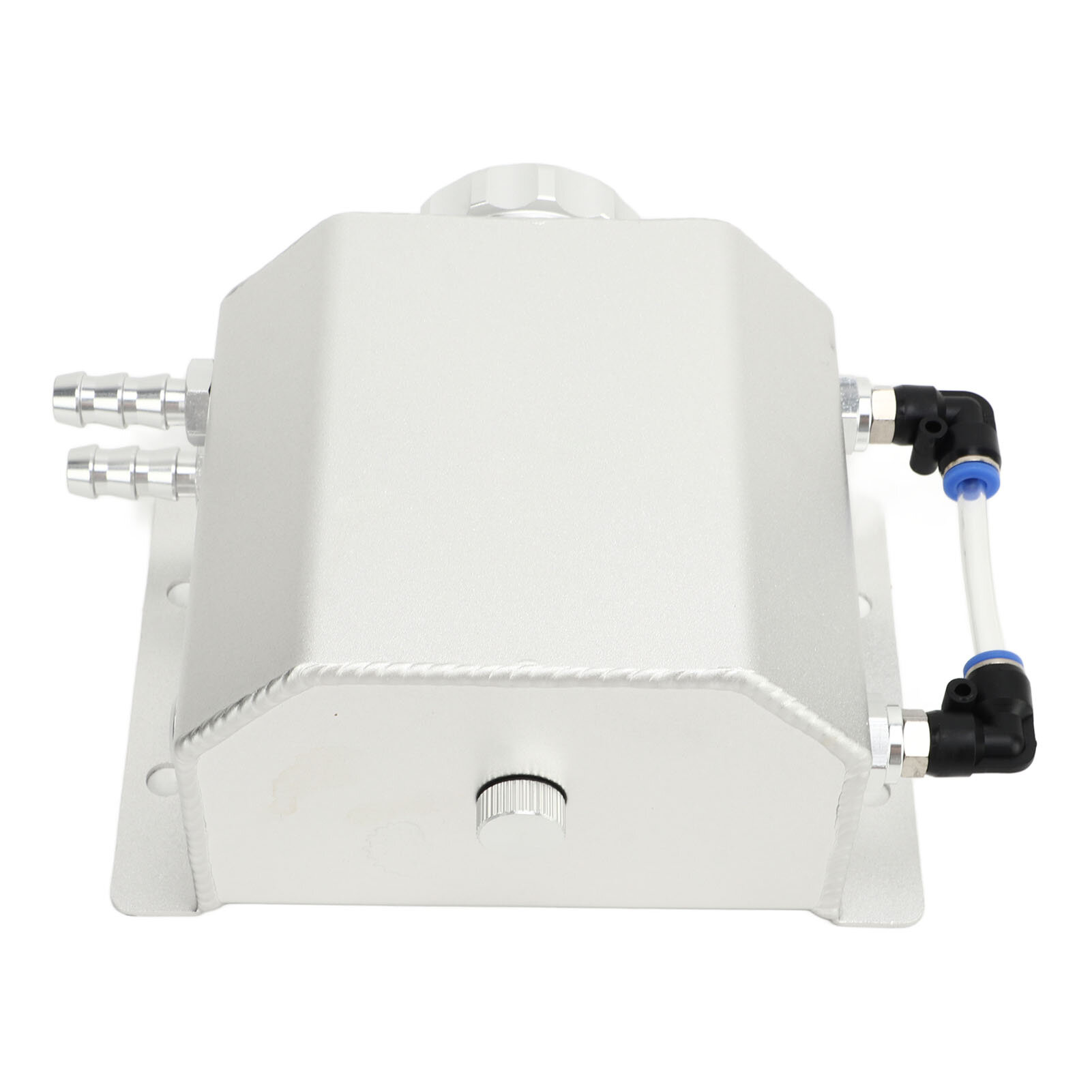 Универсальный расширительный бачок системы охлаждения двигателя объемом 1 л, изготовленный из алюминиевого сплава, серебристый, прочный и легкий.