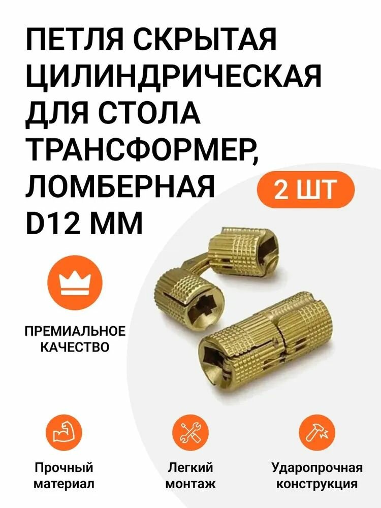 Петля скрытая цилиндрическая для стола трансформер ломберная D12 мм 2 шт.
