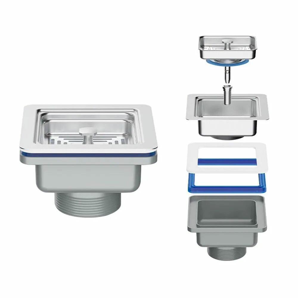 Фильтр-слив для кухонной мойки 110 мм с квадратным сливом из нержавеющей стали