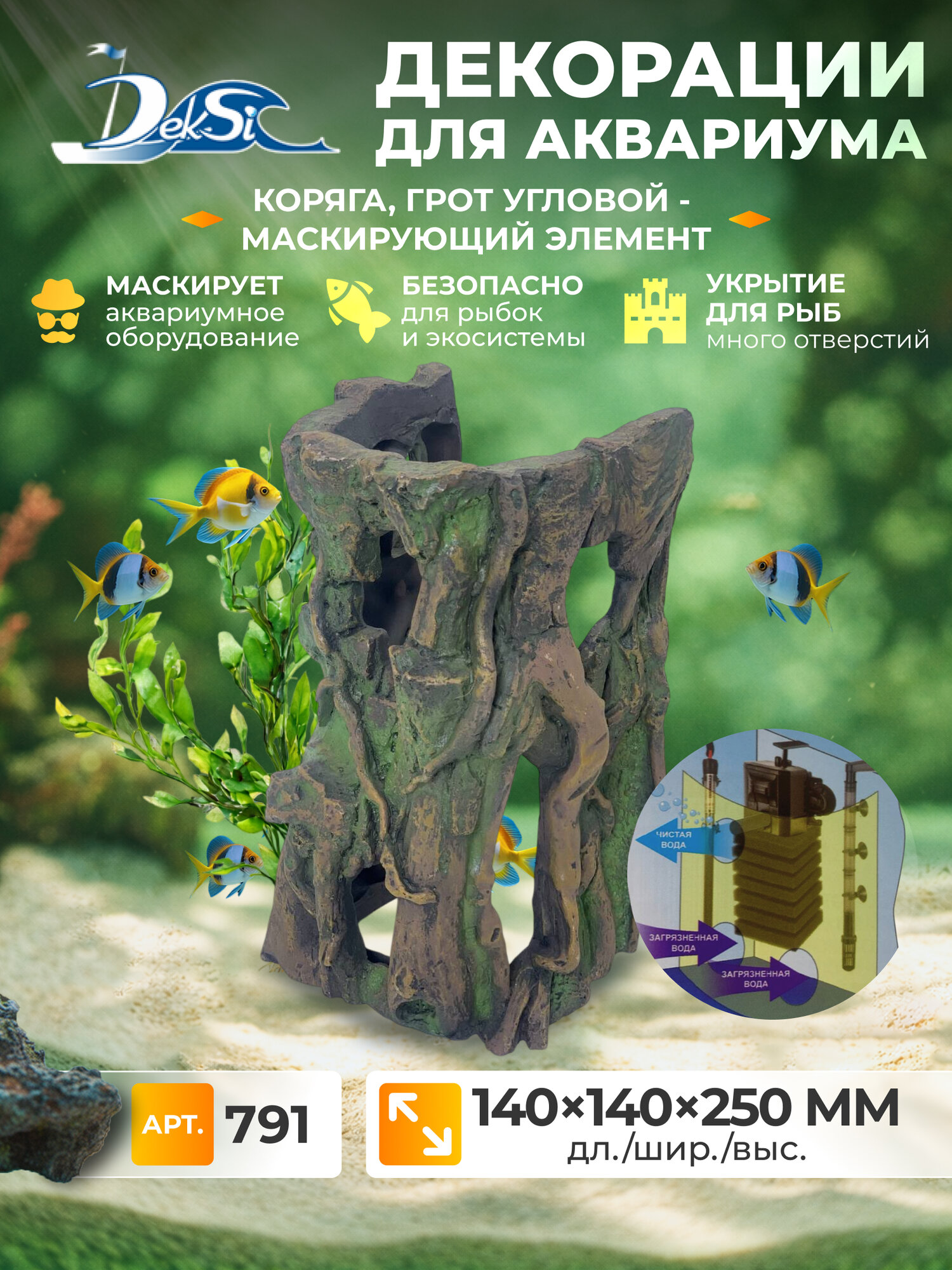 Декорация для аквариума и террариума Коряга, Грот DEKSI маскирующий элемент для фильтра, арт. №791