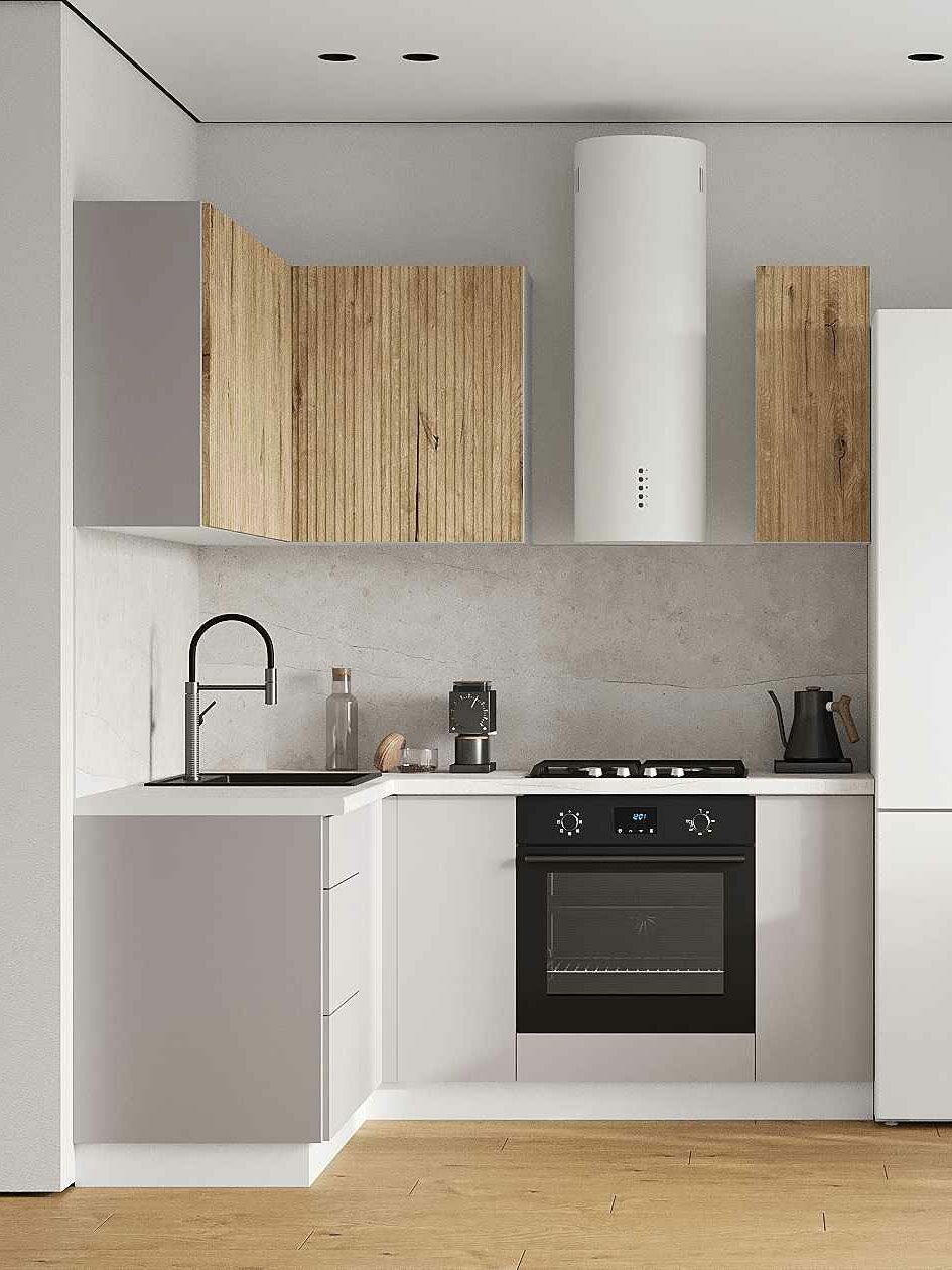 Кухонный гарнитур угловой Комби 1.8х1.5 м, мебель для дома и кухни, Белый / Дуб Торонто / Нео