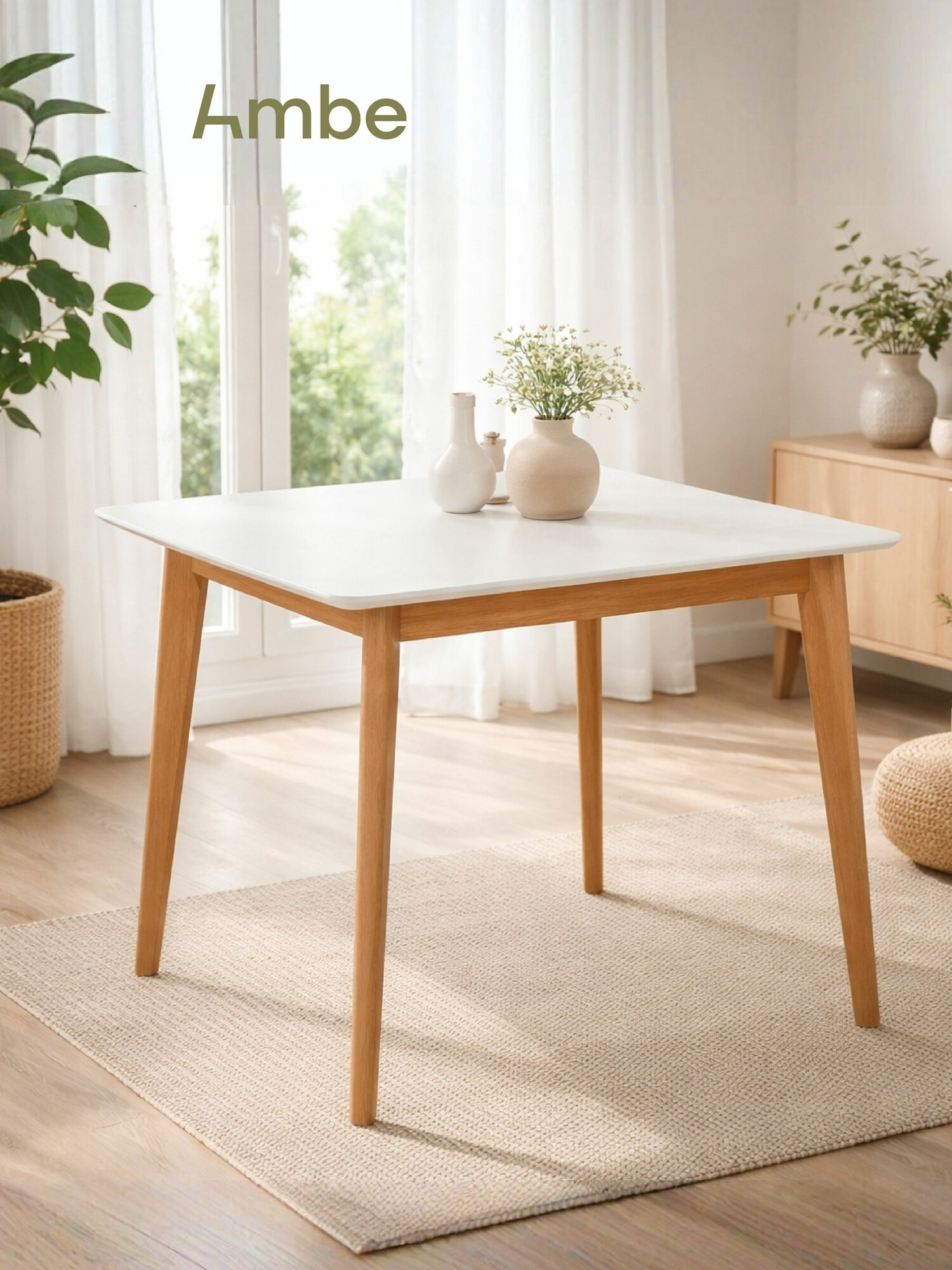 Ambe Стол кухонный обеденный деревянный раздвижной Норден 90(120)х60 Белый, ножки светлый дуб