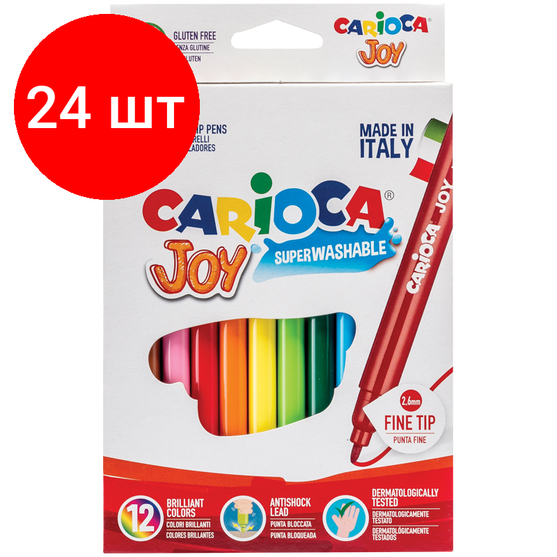 Комплект 24 шт, Фломастеры Carioca "Joy", 12цв, смываемые, картон, европодвес