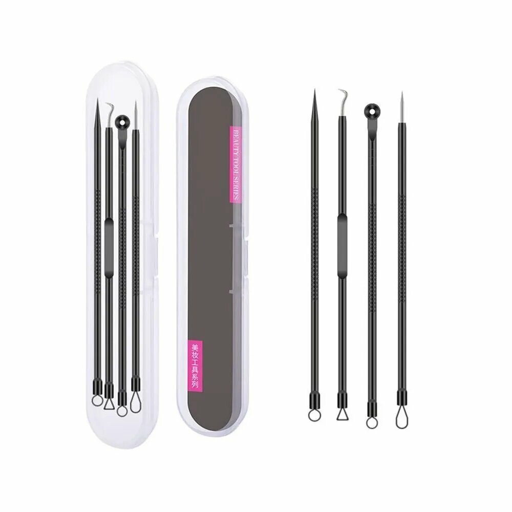 Косметологический инструмент Loverss хромированный для чистки кожи лица и тела. Чистка пор. Для удаления выдавливания прыщей, акне, чёрных точек, угрей. Петля Видаля. Игла изогнутая. Ложка уно. 4 шт.