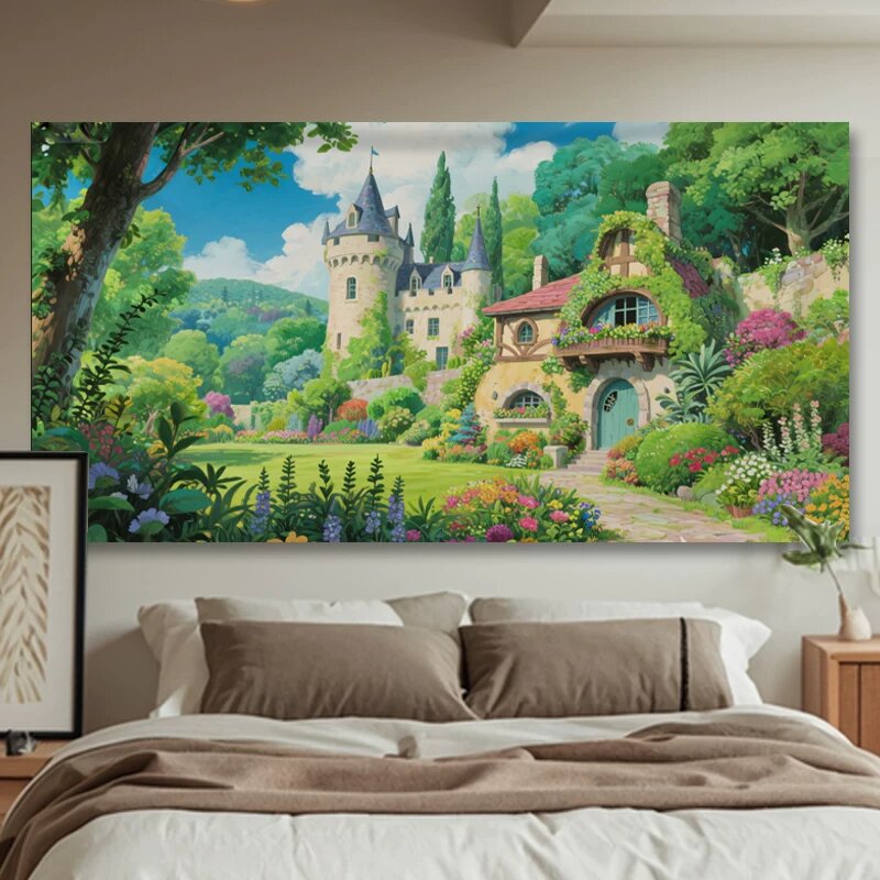 Холст-фон «Замок исцеления» Хаяо Миядзаки, настенное украшение для спальни, тканевый гобелен с мультяшными