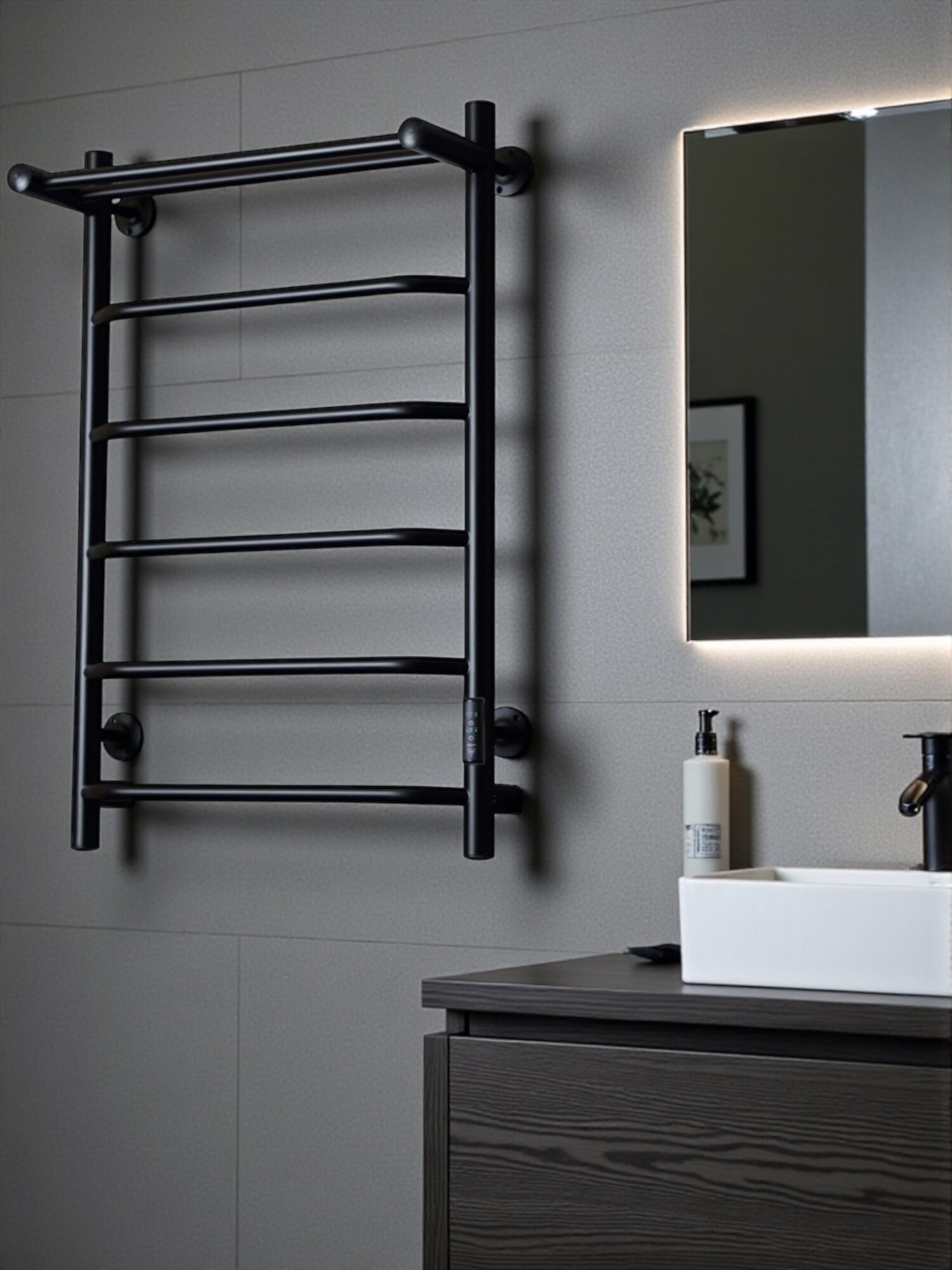 Полотенцесушитель электрический Тругор 400мм 800мм форма лесенка с полкой цвет черный матовый подключение слева и справа