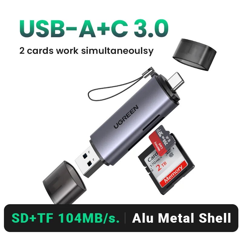 UGREEN Кардридер USB 3.0 для SD, Micro SD, TF 2-in-1 Metal