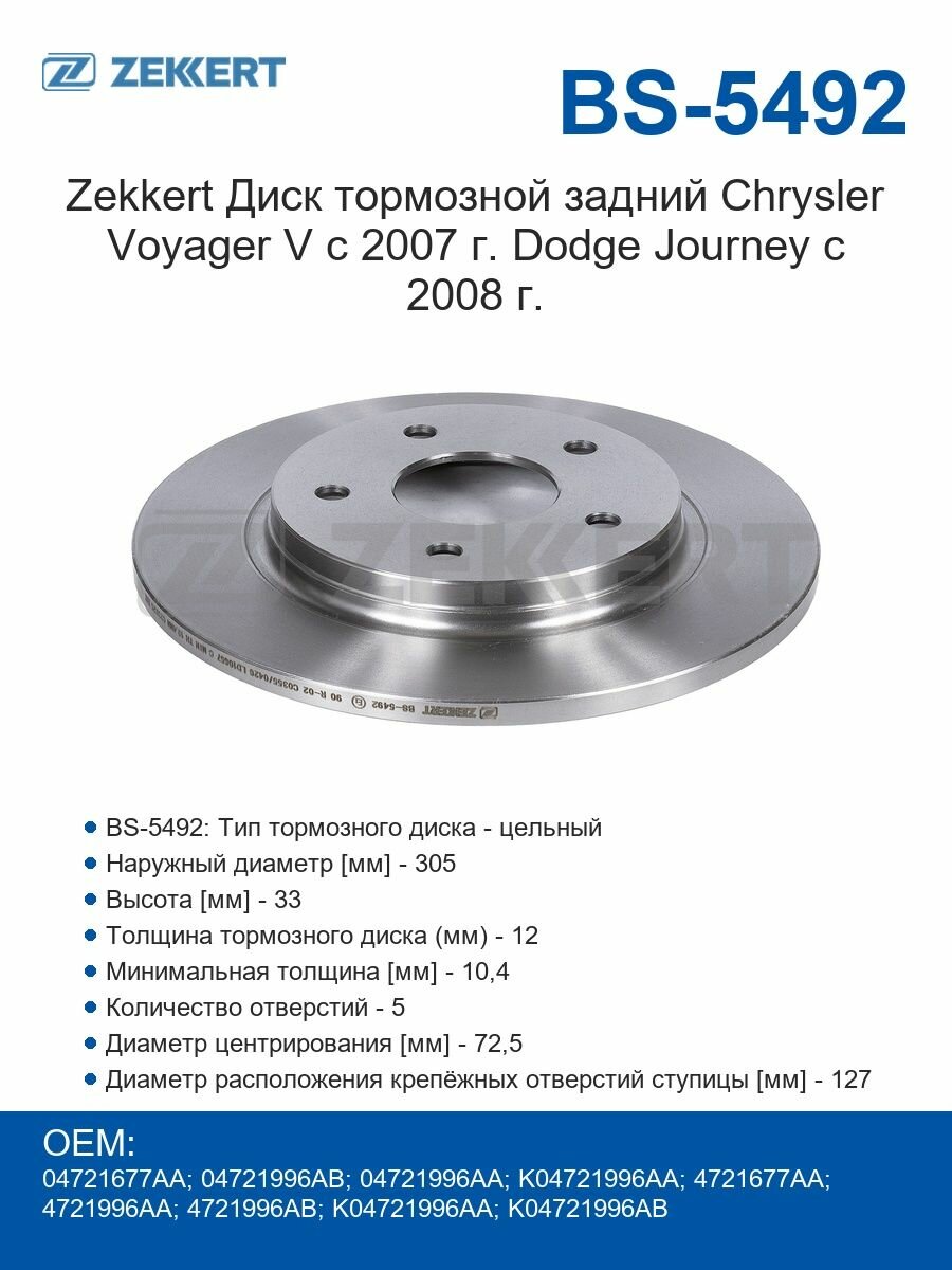Zekkert Диск тормозной задний Chrysler Voyager V с 2007 г. Dodge Journey с 2008 г.