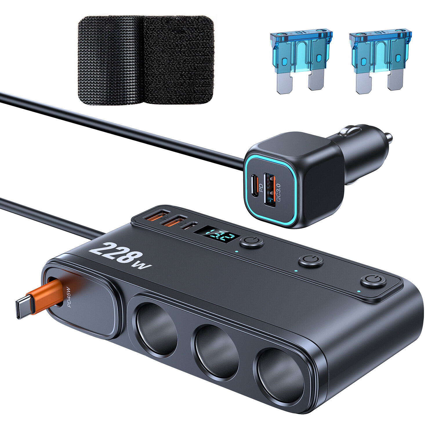 Новый автомобильный прикуриватель 228W 1-к-3 с выдвижным кабелем, быстрой зарядкой, дисплеем напряжения, автомобильный адаптер