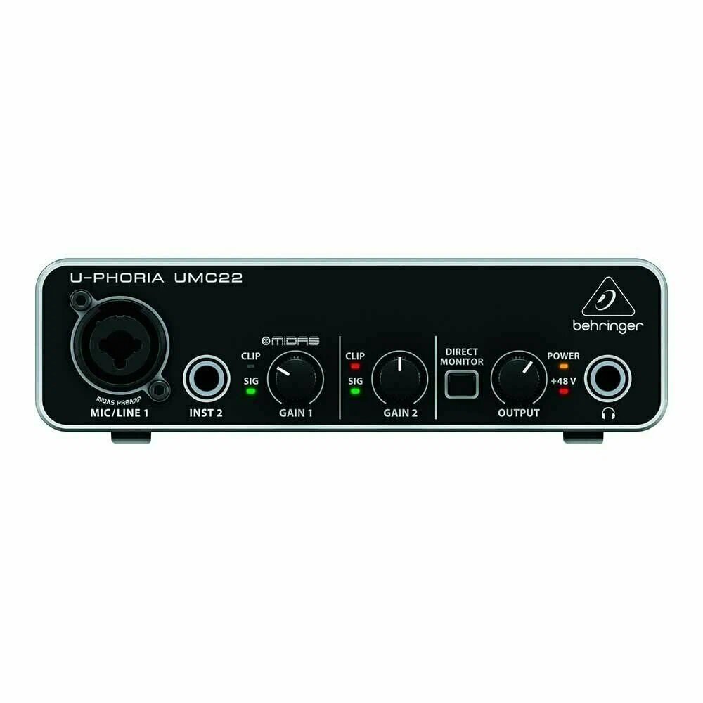 Внешняя звуковая карта Behringer UMC22, USB-аудиоинтерфейс, 2 входа, 2 выхода, микр. предусилитель MIDAS
