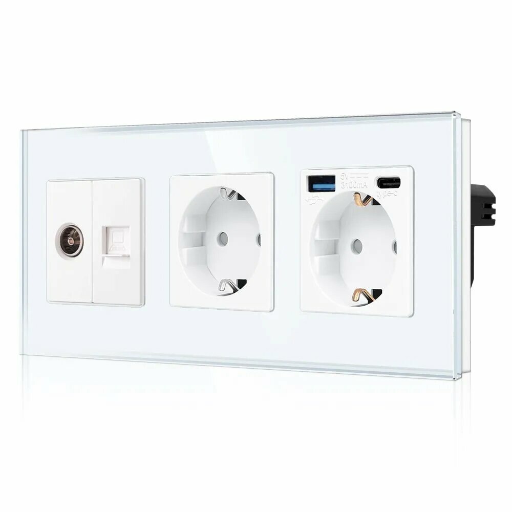 Розетка тройная внутренняя с usb и type C для тв и RJ 45 Ethernet, c заземлением , белый стеклянная.