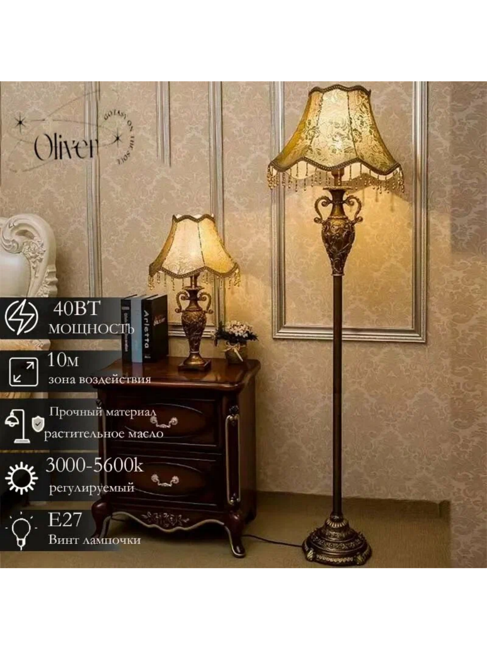 Торшер в стиле ретро Ретро лампа с тканевым абажуром для спальни и гостиной