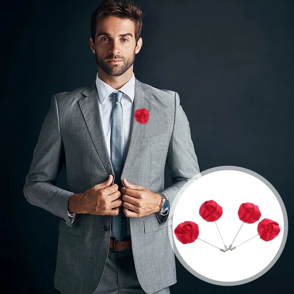 Мужская Бутоньерка, Роза, Красная, Из Шифона, Для Вечеринок, 4 Шт