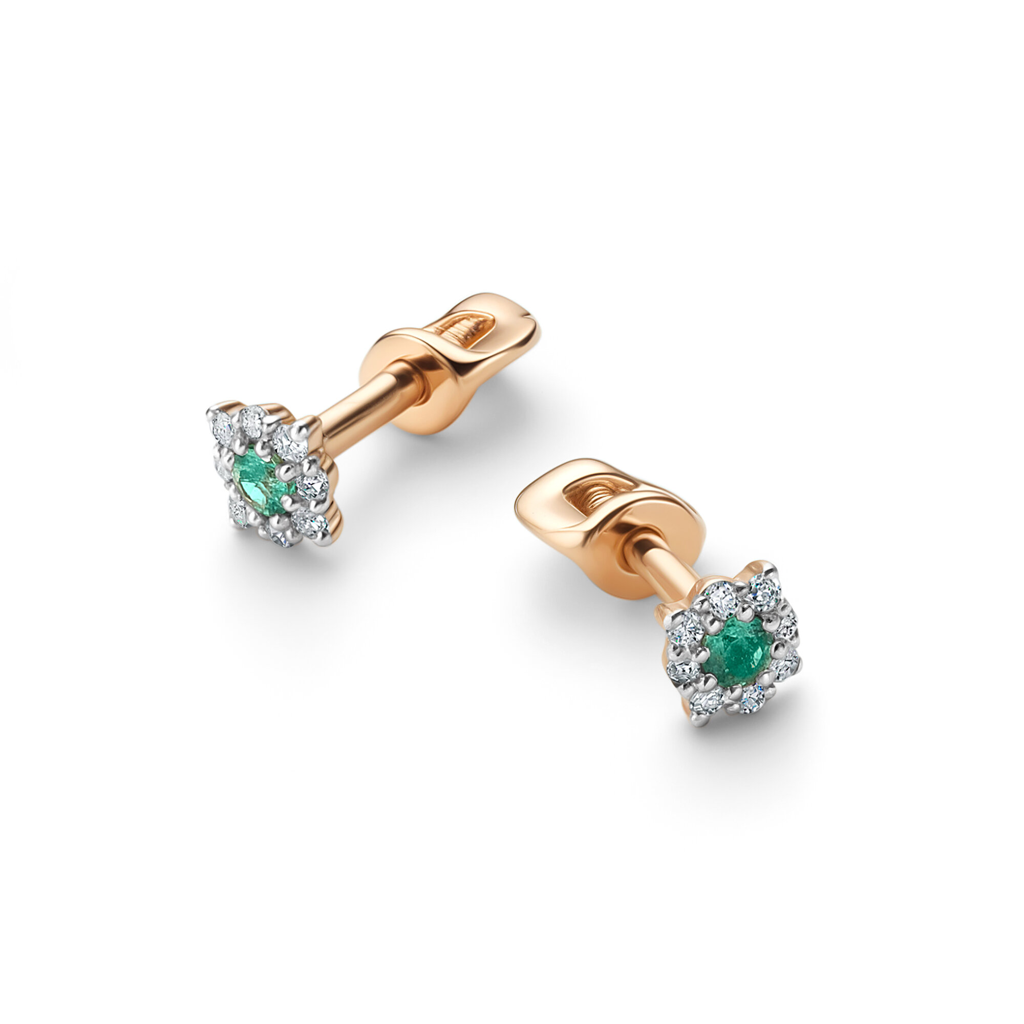 Серьги пусеты, красное золото, 585 проба, изумруд, бриллиант