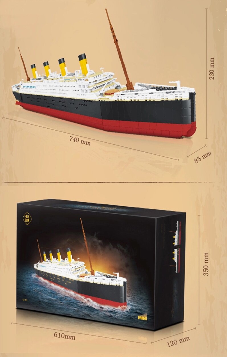 Конструктор 3Д из миниблоков RTOY Титаник большой 74 см, детализация, подсветка, подвижные винты с палубой, 4035 деталей - WL6001