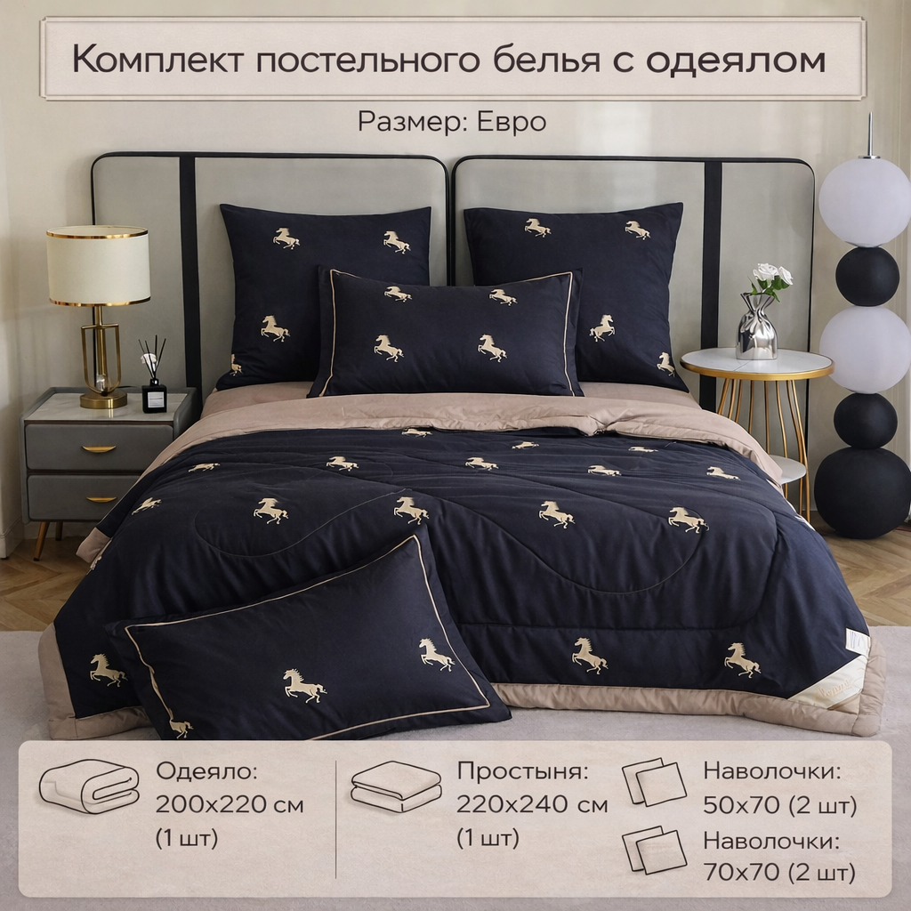 Комплект постельного белья евро с одеялом Alanna - Черный Лошади