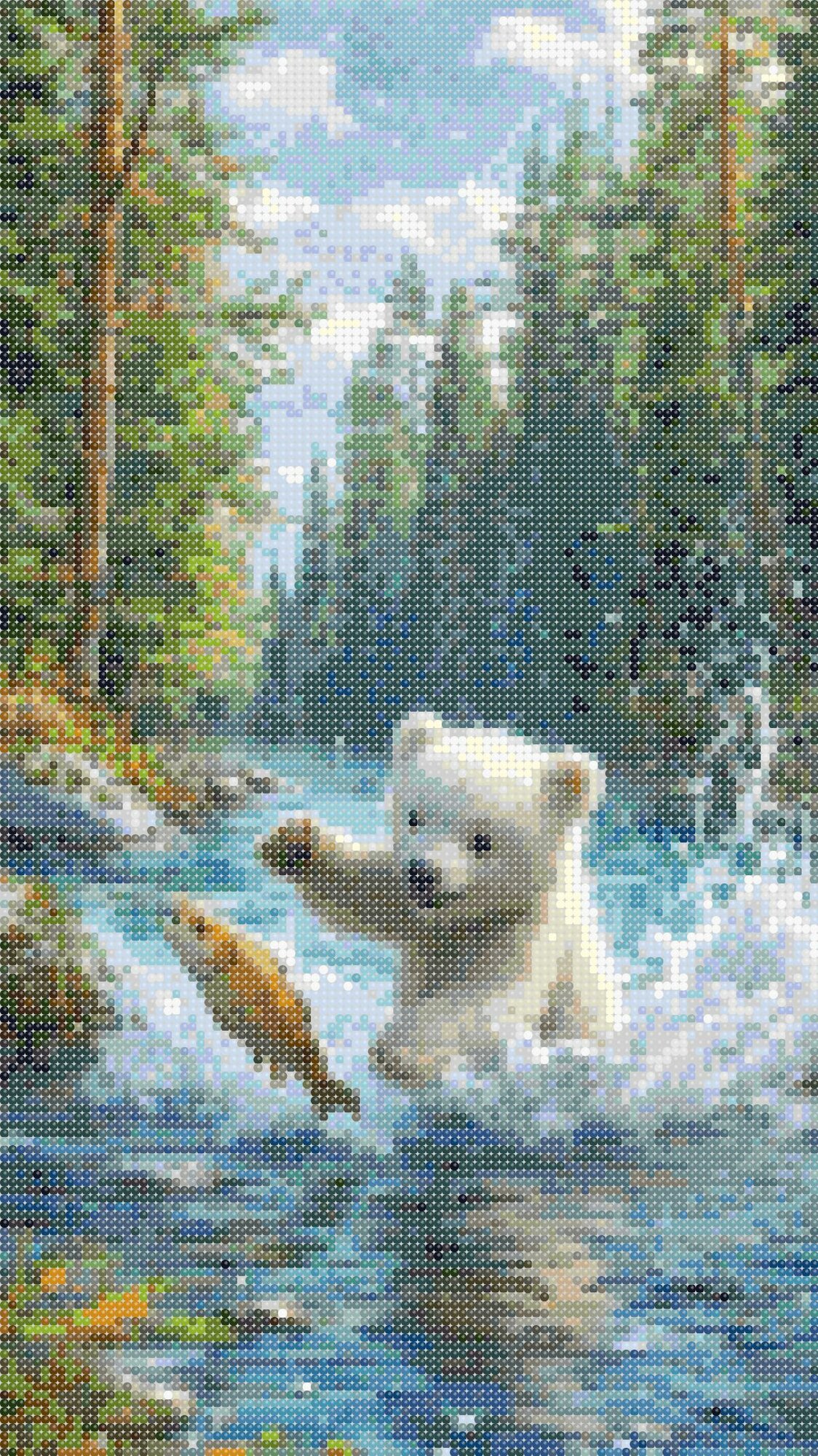 Схема вышивки бисером Мишкина рыбалка (без бисера) 100х178 стежков (20х35 см) 61 цвет