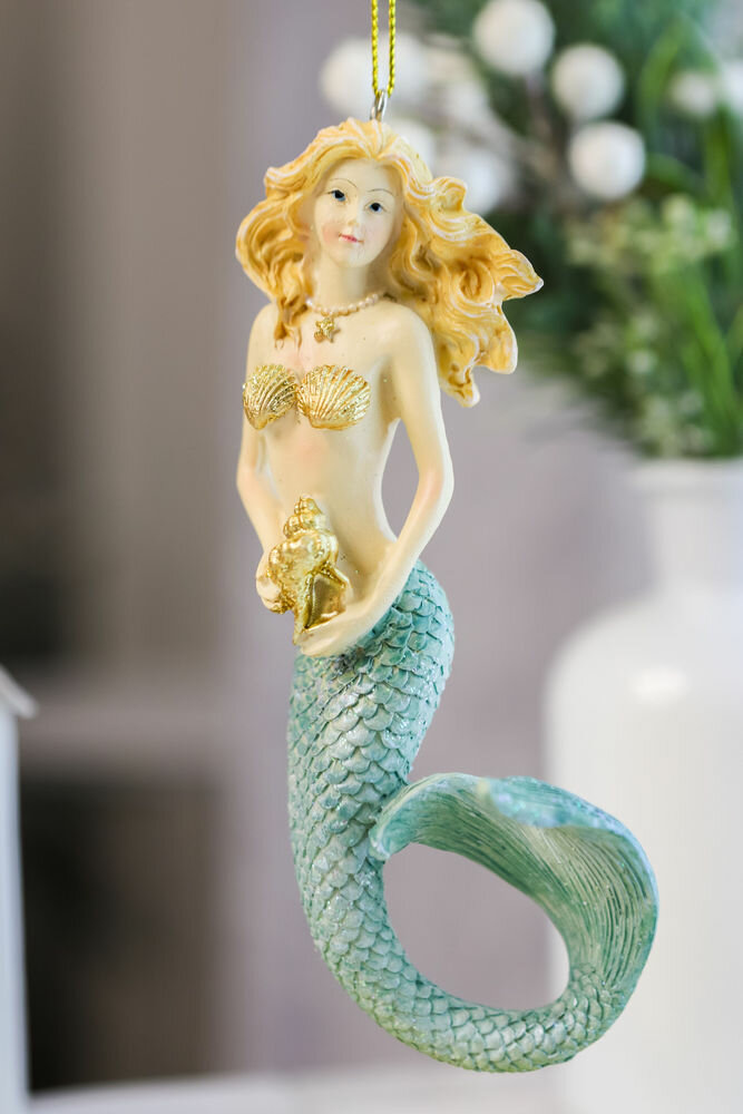 Ёлочная игрушка белокурая русалочка, серия обитатели морских глубин, полистоун, цвет морской волны, 15 см, Goodwill MC38216-1