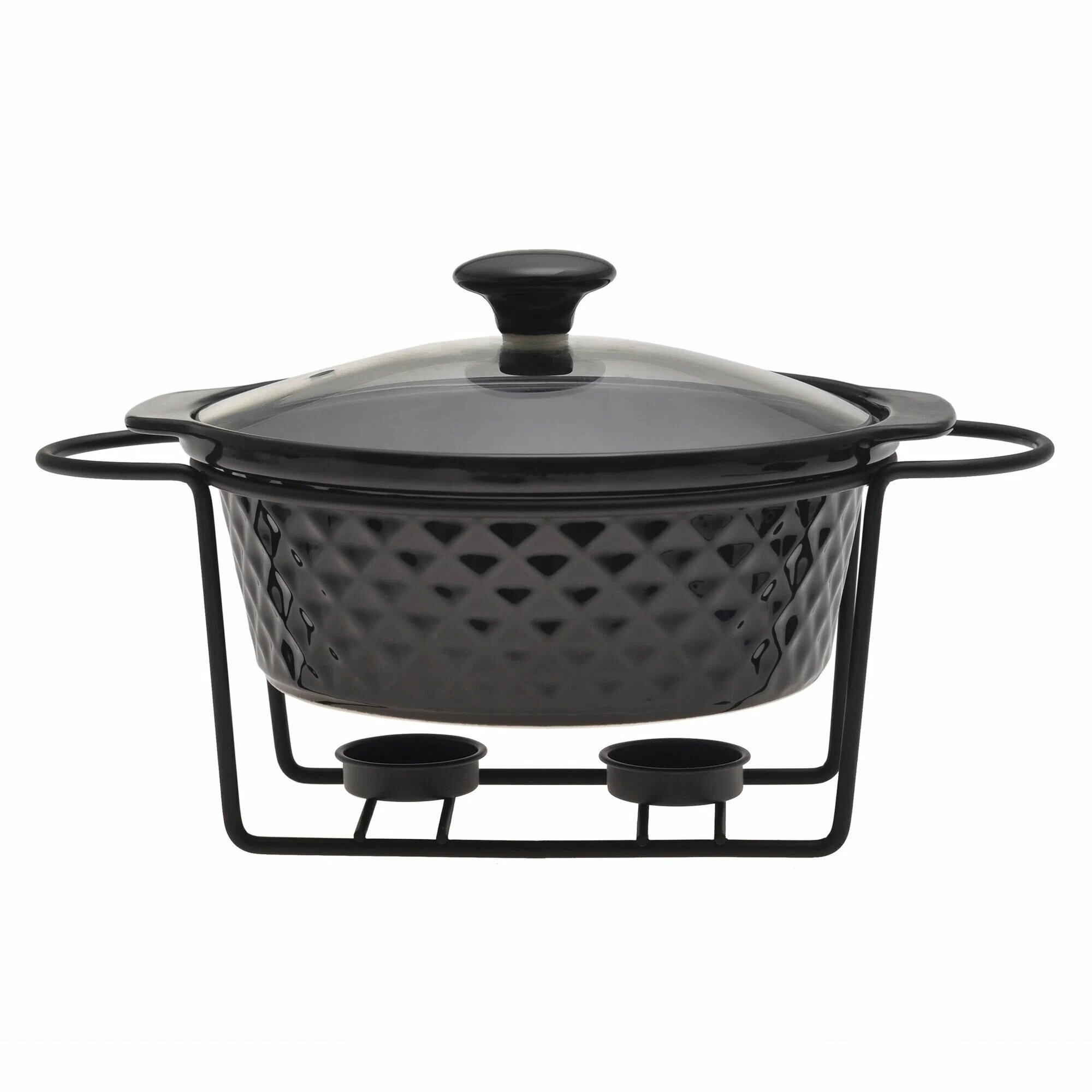 Мармит Kamille KM 6425, керамика, 1,5л, чёрный, с крышкой, нержавеющая подставка