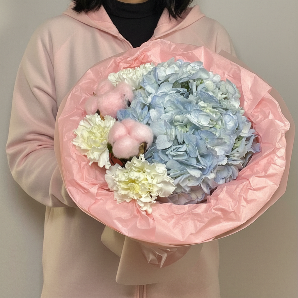 Букет Vikey Flowers "Комплимент", гортензии, гвоздики, хлопок, сборный