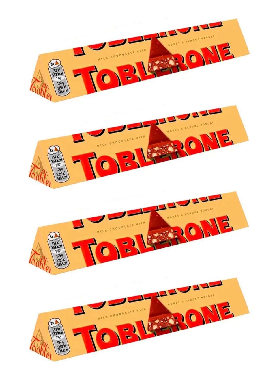 Шоколад Toblerone молочный с медово-миндальной нугой, 4шт по 100г