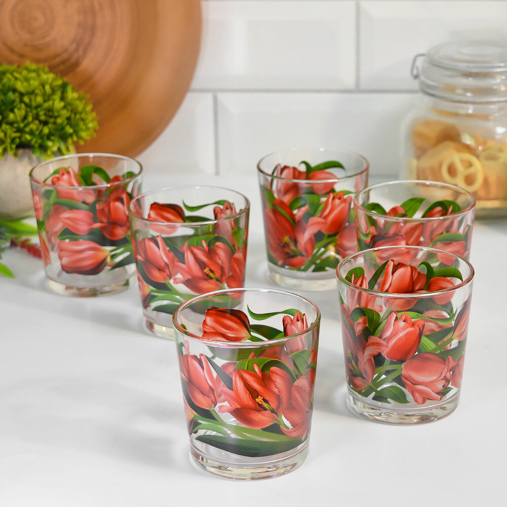 Стаканы стеклянные 250 мл, набор 6 шт, серия "Тюльпаны", для воды, прозрачные, в подарочной коробке