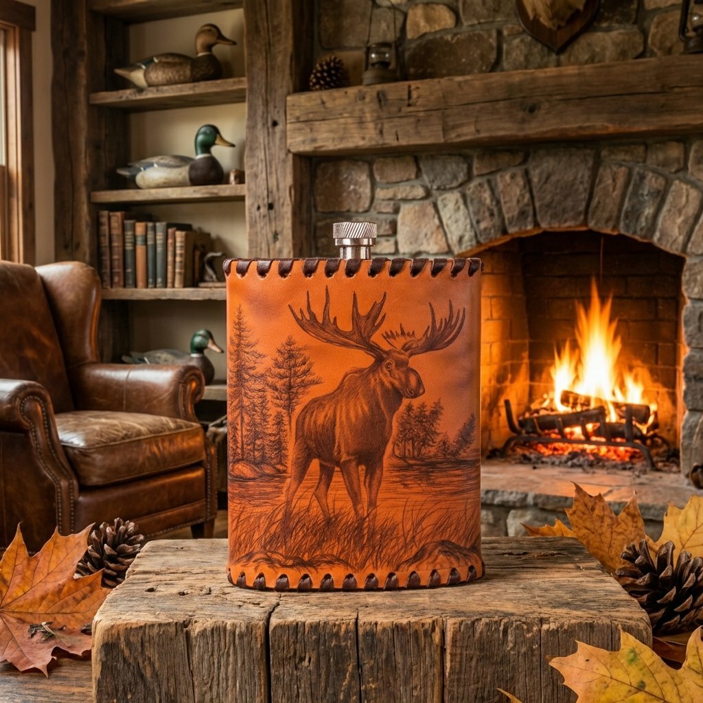 Фляга походная 0,5 л в оплетке из натуральной кожи. 502ФК-П5 лось