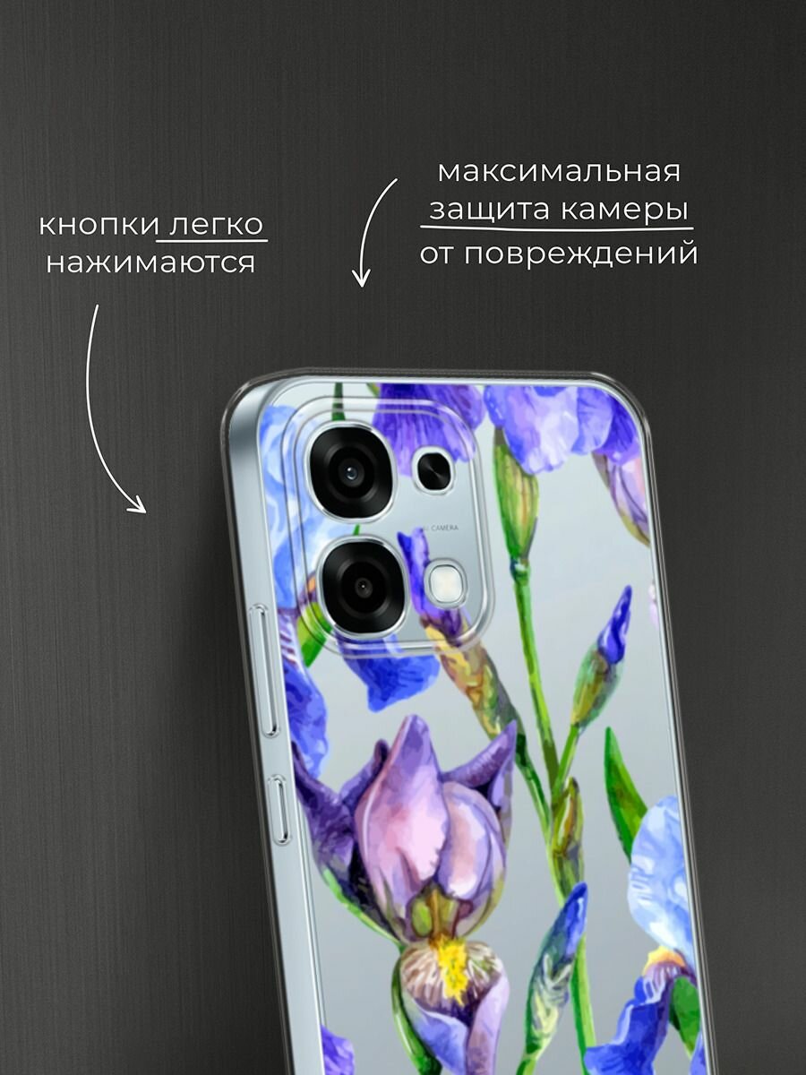 Чехол на Oppo A6 Pro / Оппо A6 Про с принтом Синие ирисы, прозрачный — фото 1