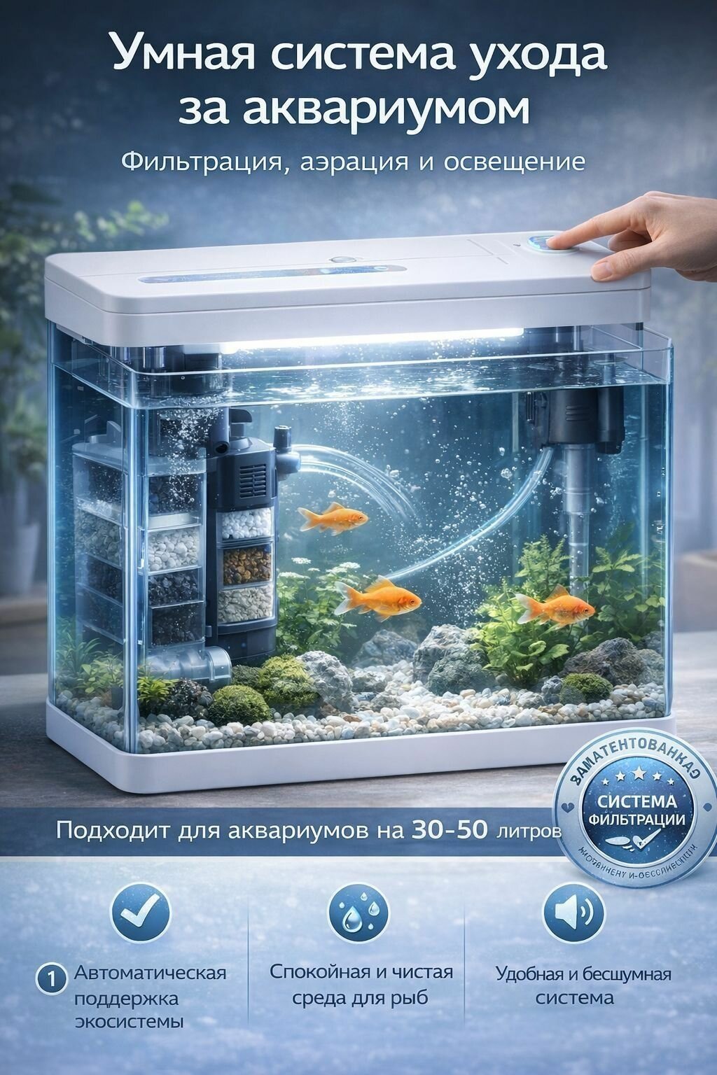 Панорамный аквариум ZHONE 14 л, Евровилка (без переходника), с LED-подсветкой и фильтром, 30 х 19 х 32см