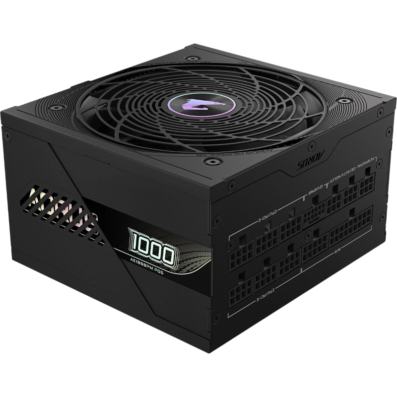 Блок питания Блоки питания/ Power Supply Gigabyte AORUS ELITE P1000W, 1000W 80+ Platinum (ATX, 3.0, PCIe 5.0, Full modular, 1x24(20+4)pin, 1x12VHPWR, 2x4+4-pin CPU, 4xMolex, 6x6+2-pin PCIe, 8xSATA3, Active, 120x120mm, 150x140x86mm, APFC, black)