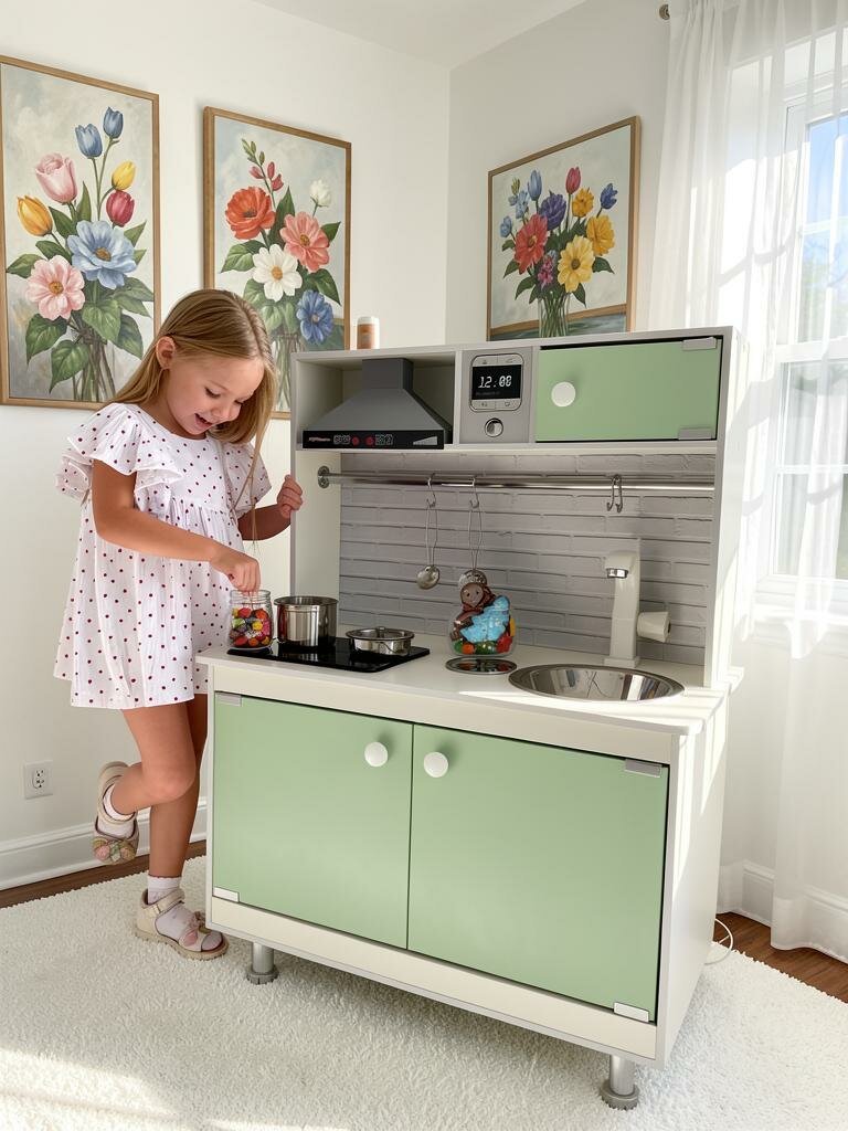 Детская кухня SITSTEP с вытяжкой, интерактивной плитой (со звуком и светом), фисташковые фасады