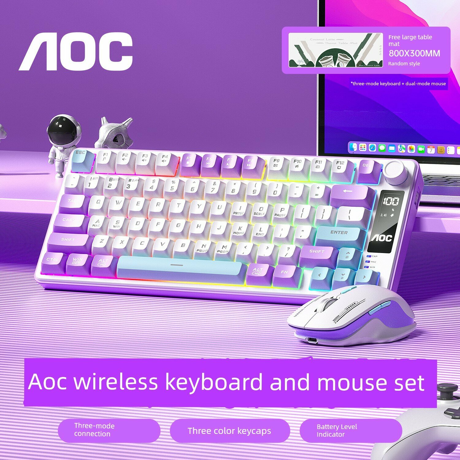 AOC Набор клавиатуры, мыши и наушек беспроводной с тройным режимом, RGB-дисплеем, фиолетовый для игр и офиса