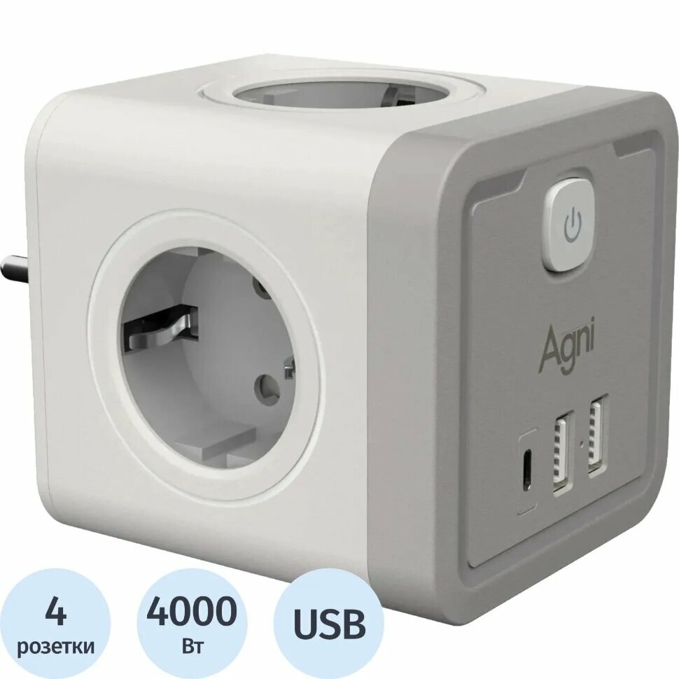 Тройник AGNI 4/220 + 2 USB + 1 Type C, белый(TP-WJ3U4E-C-white), 2444499