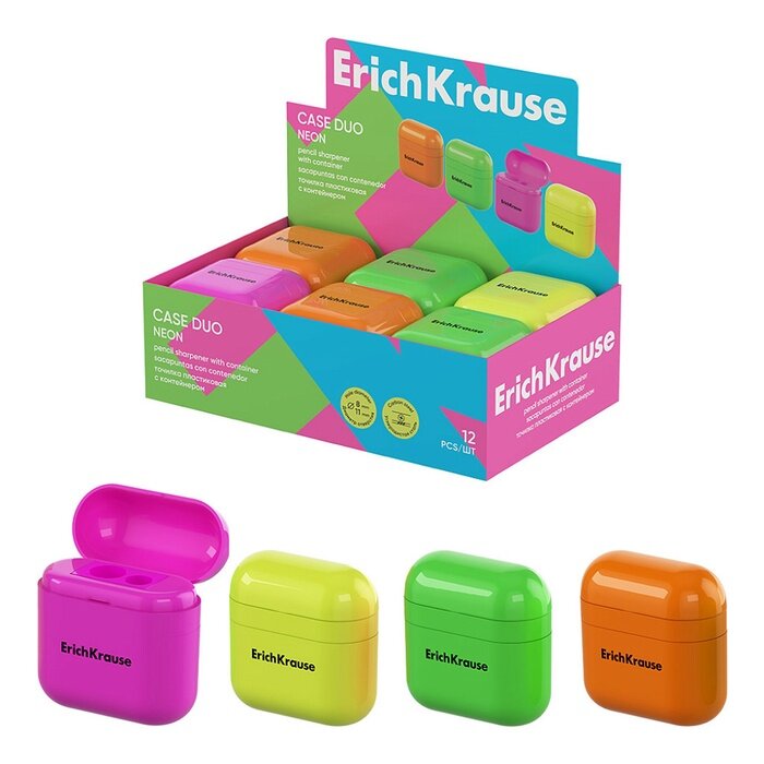 Точилка ErichKrause Case Duo Neon, 2 отверстия, с контейнером, микс