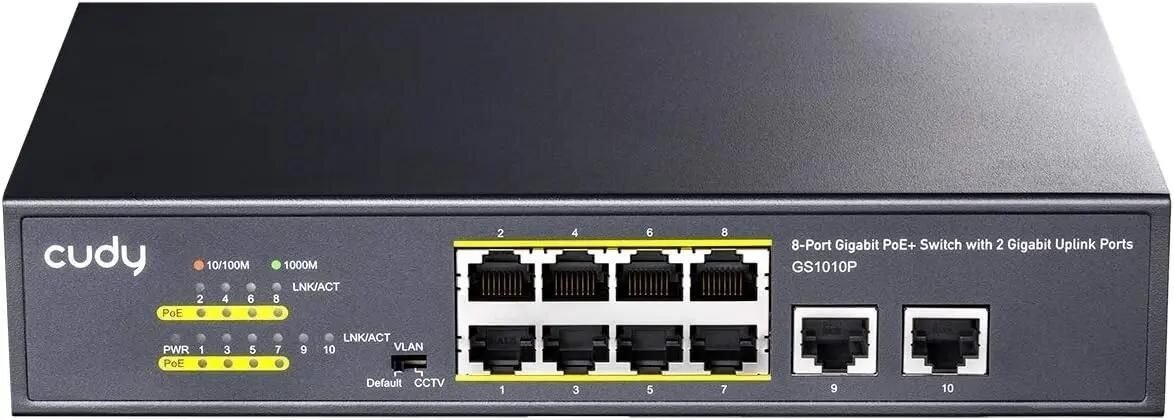 Коммутатор Cudy 8 RJ-45 10/100/1000M PSE ports +2 RJ45 10/100/1000 Uplink Port Unmanaged PoE+ Switch 120W, CCTV/VLAN