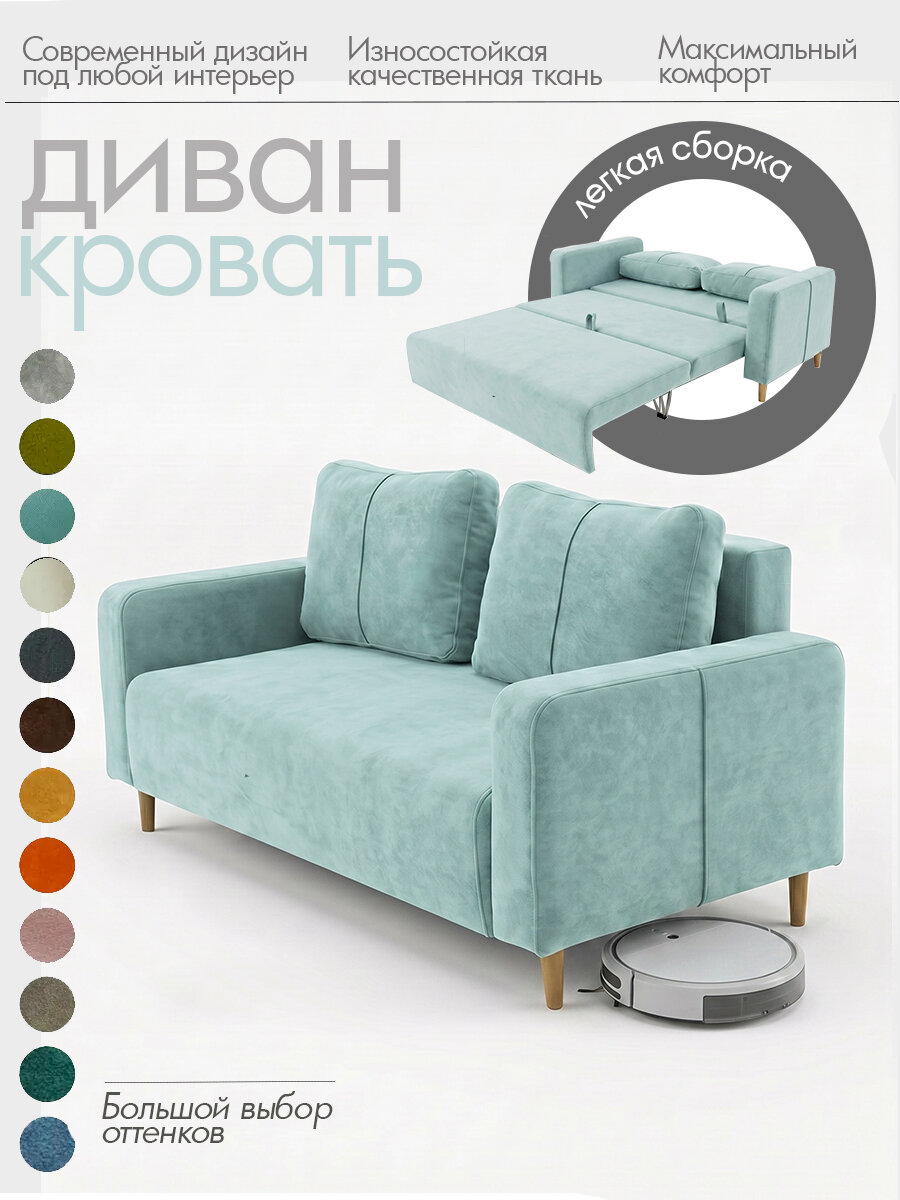 Диван-кровать в спальню, раскладной диван для детской, Маттео, 120х200, мятно-голубой